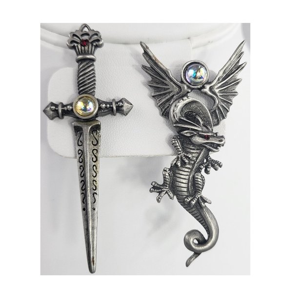 Jewelry | Set Of Pewter Tone Dragon Sword Pins With Iridescent Stones ...